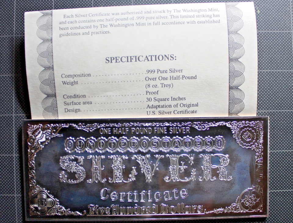 1996 Half Pound 8 Troy Ounces .999 Silver $500 Certificate Washington ...