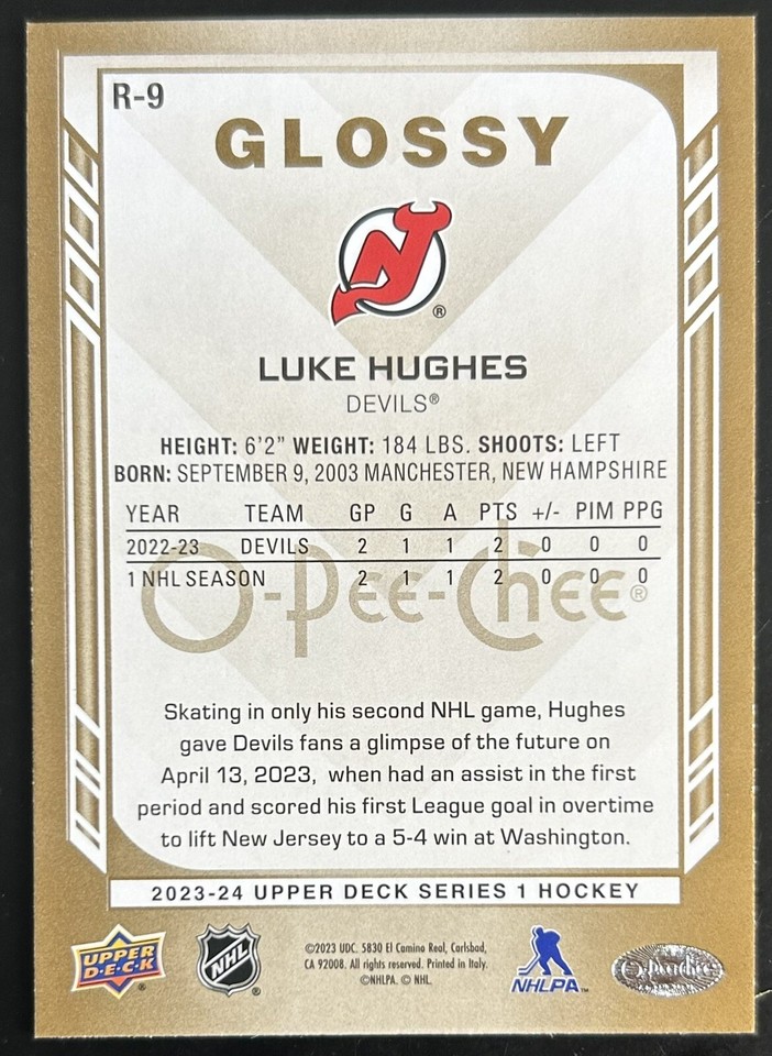 2023-24 UD O Pee Chee Glossy #R-9 Luke Hughes Rookie New Jersey Devils ...
