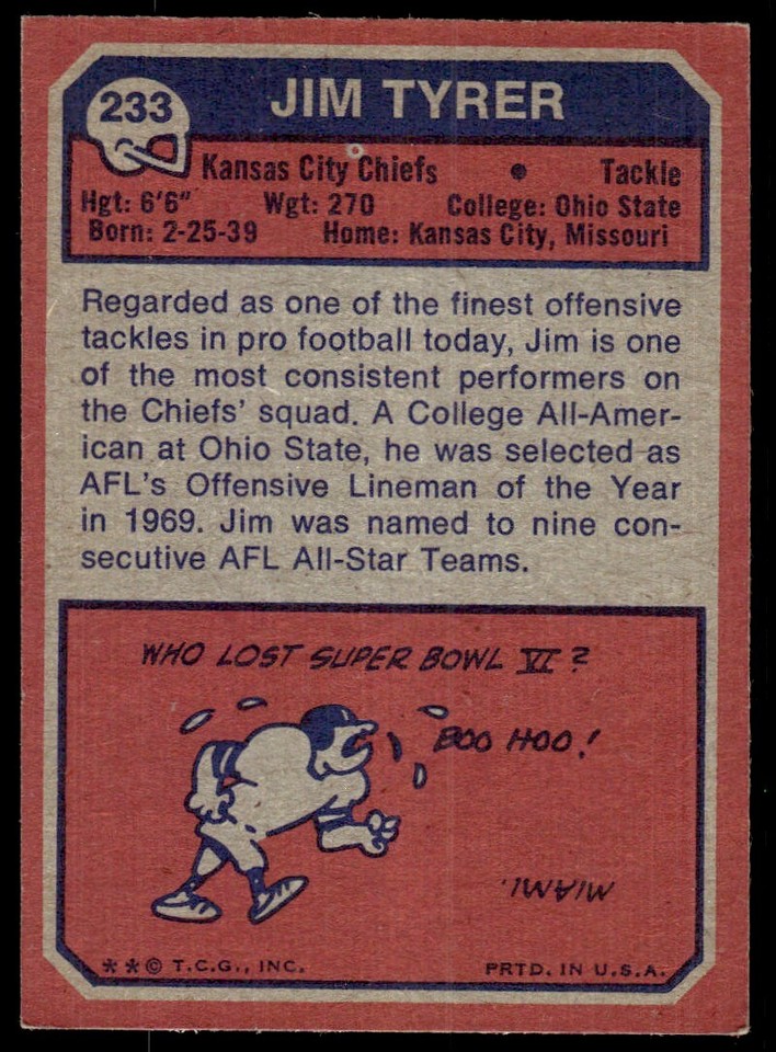 1973 TOPPS JIM TYRER 5 KANSAS CITY CHIEFS #233 | eBay