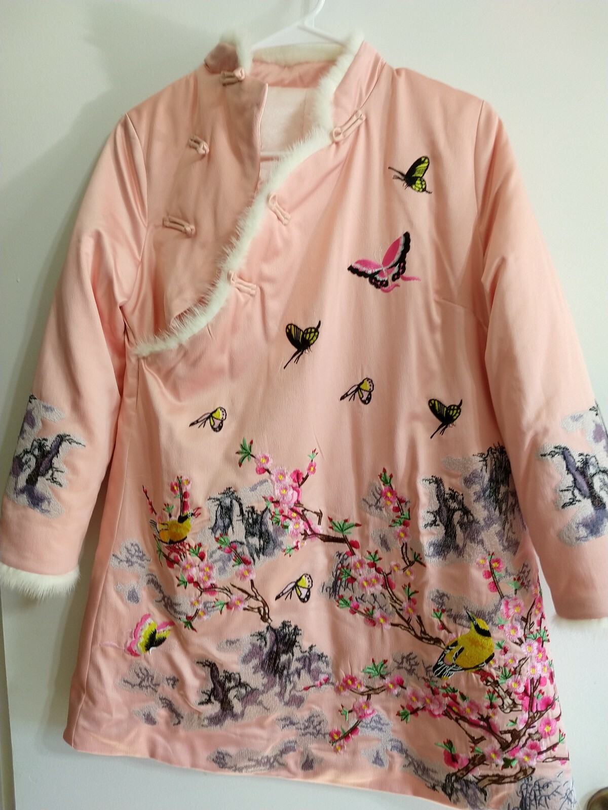 Oriental Asian M Small ? Embroidered Chinese Jacket over Coat Pink Fur ...