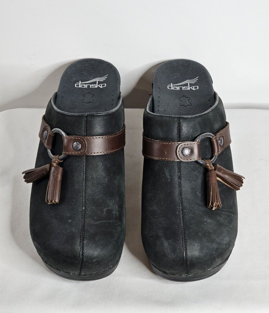 Dansko Shandi Clogs Mules Women EU Sz 41 Black Nubuck Brown Tassel Boho ...