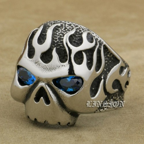 316L Stainless Steel Blue Eyes Fire Skull Mens Biker Punk Gothic Ring ...