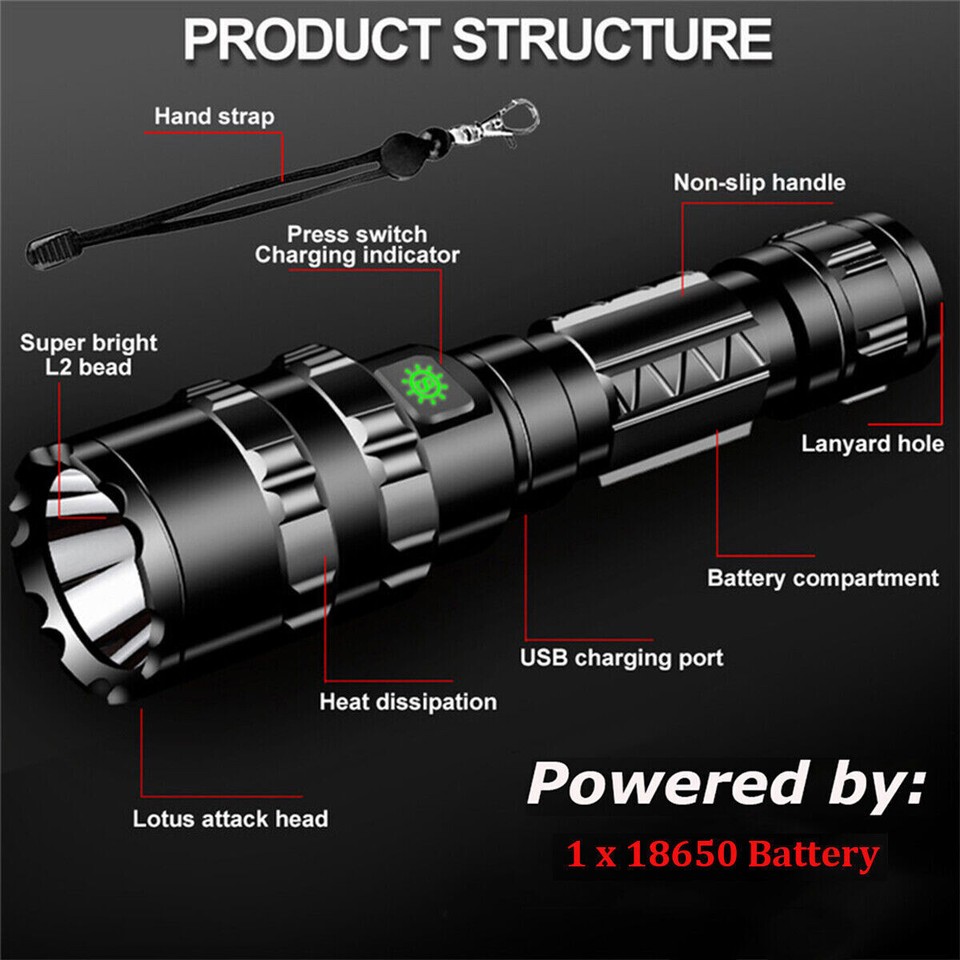 LED Bulb Super-Bright Tactical LED Flashlight Rechargeable Powerful ...