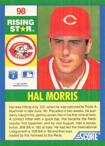 Hal Morris 1991 Score 100 Rising Stars 98 Cincinnati Reds Baseball Card ...