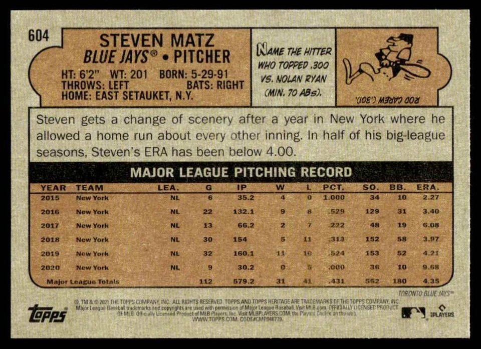 2021 TOPPS HERITAGE BASEBALL CARD STEVEN MATZ #604 TORONTO BLUE JAYS ...