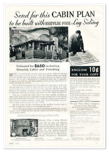 Print Ad Shevlin Pine Log Cabin Building Plans Vintage 1932 ...