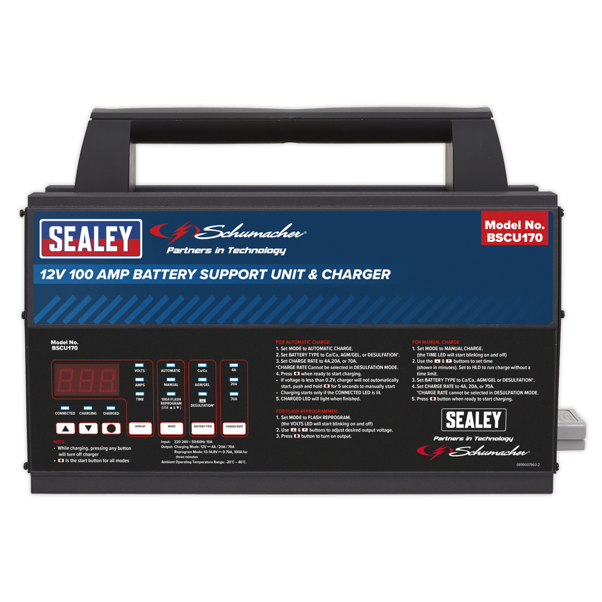 Sealey Schumacher® Battery Support Unit & Charger - 12V 100A Garage ...