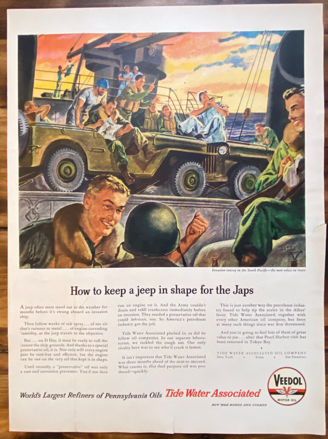 Vintage 1943 WWII Print Ad Veedol Motor Oil Jeep War Bond Propaganda ...