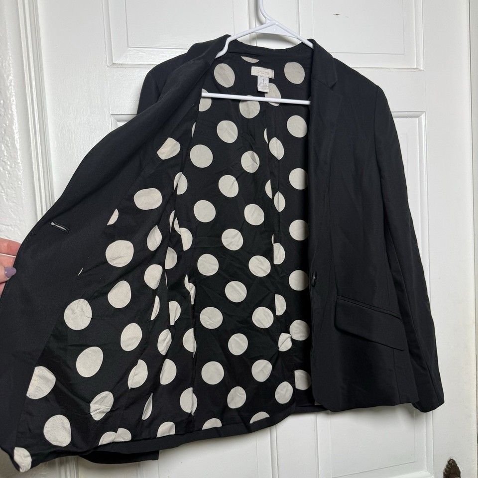 Chico’s Black Blazer Jacket Size 1 M/L One Button Career Work Polka Dot ...