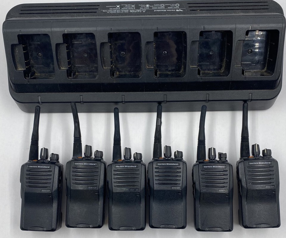 LOT OF 6 VERTEX EVX-531 TWO WAY RADIO W/ 1 6-BAY MULTI-CHARGER & 6 ...