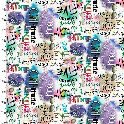 Good Kitty Cat Text Fabric 3 Wishes by Connie Haley 100% Cotton 112cm ...