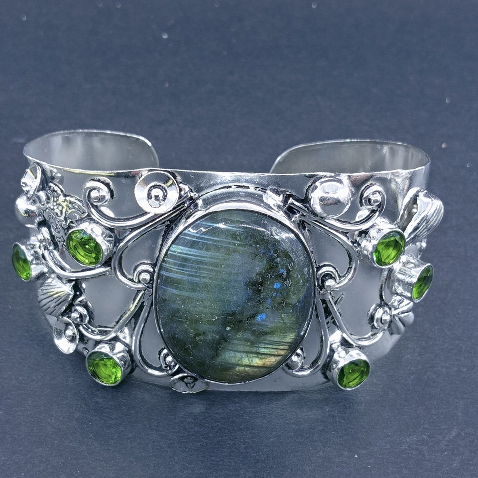 925 Sterling Silver Labradorite & Green Peridot Gemstone Jewelry Cuff ...
