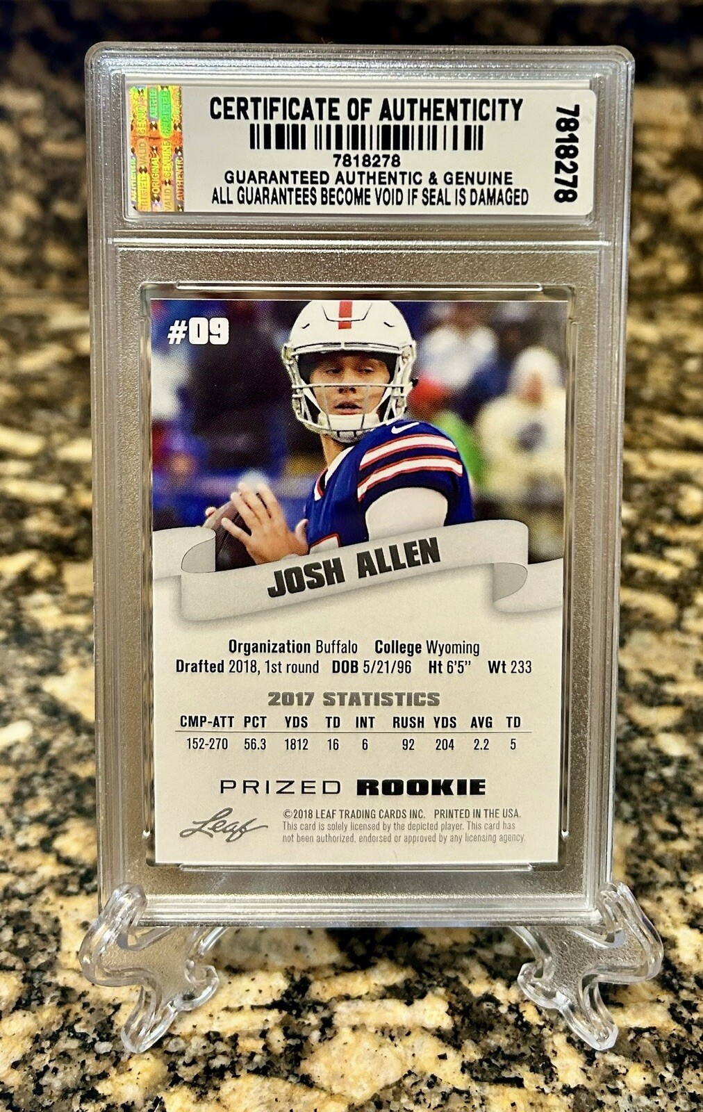 JOSH ALLEN 2018 LEAF PRIZED ROOKIE #09 GRADED GEM-MINT 10 ROOKIE CARD ...