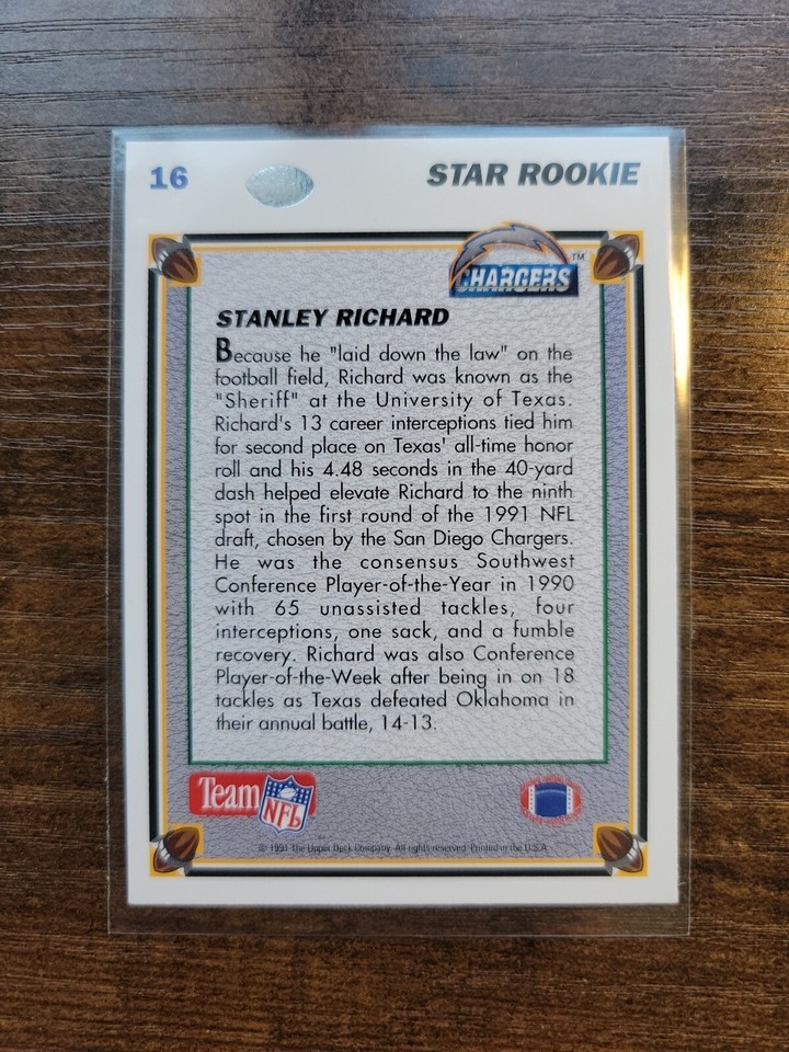 1991 Upper Deck #16 Stanley Richard - Rookie - San Diego Chargers-NFL ...
