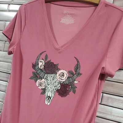 Nobo Womens M Tee shirt V Neck Pink soft knit stretch western cowgirl ...