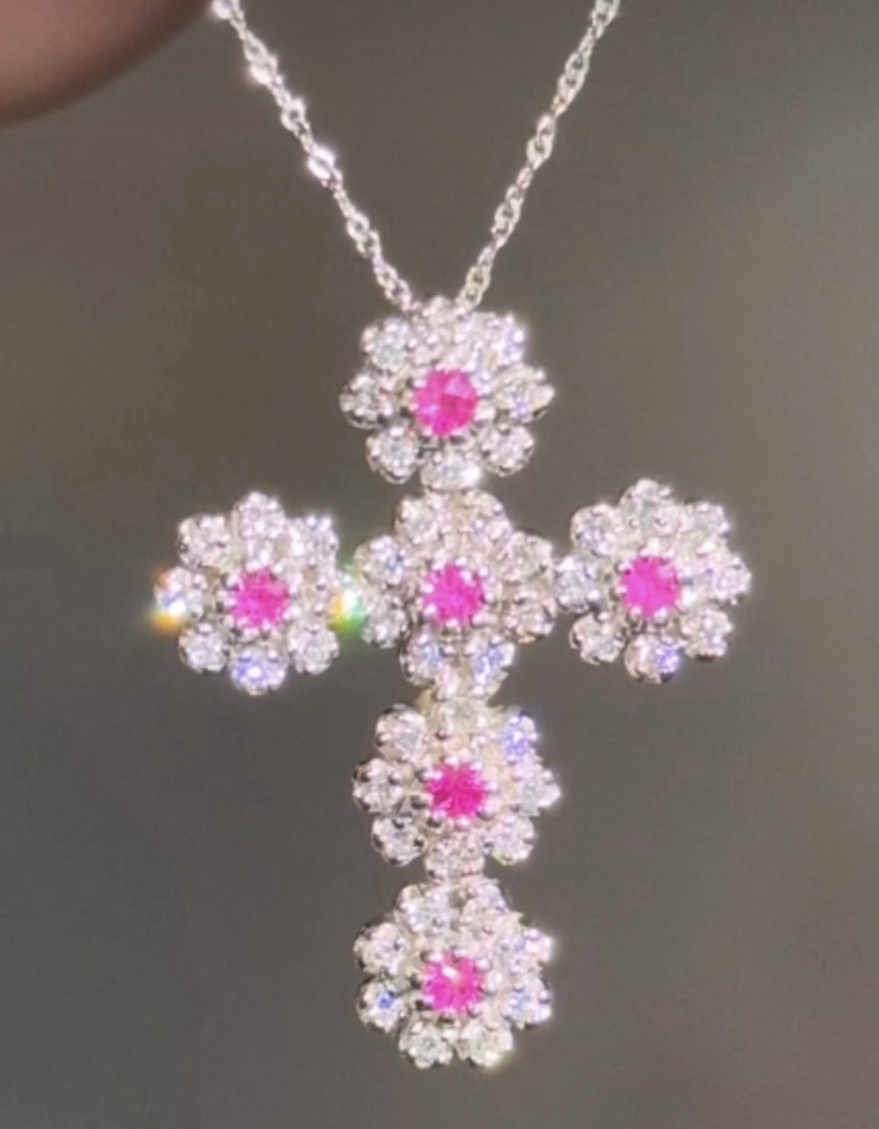 14k White Gold Diamond & Ruby Cross Pendant - Gem