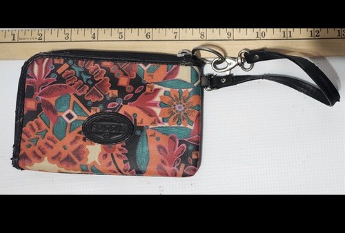 Fossil Key-Per Zip Wallet Coated Canvas & Leather Clutch Floral Boho ...