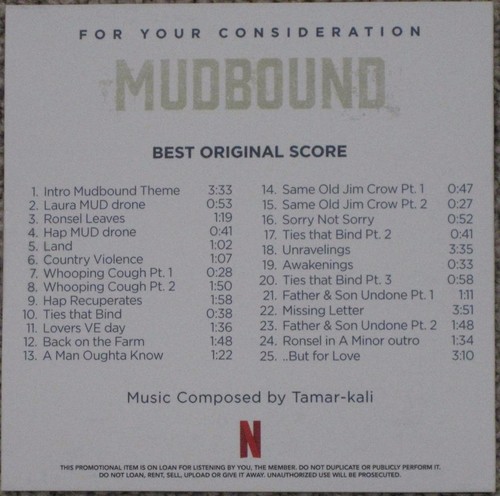 MUDBOUND 2017 BEST ORIGINAL SCORE FYC CD FOR YOUR CONSIDERATION TAMAR ...