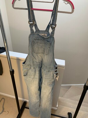 American Rag Women size 1 Denim Blue Long Jean Overalls Distressed ...