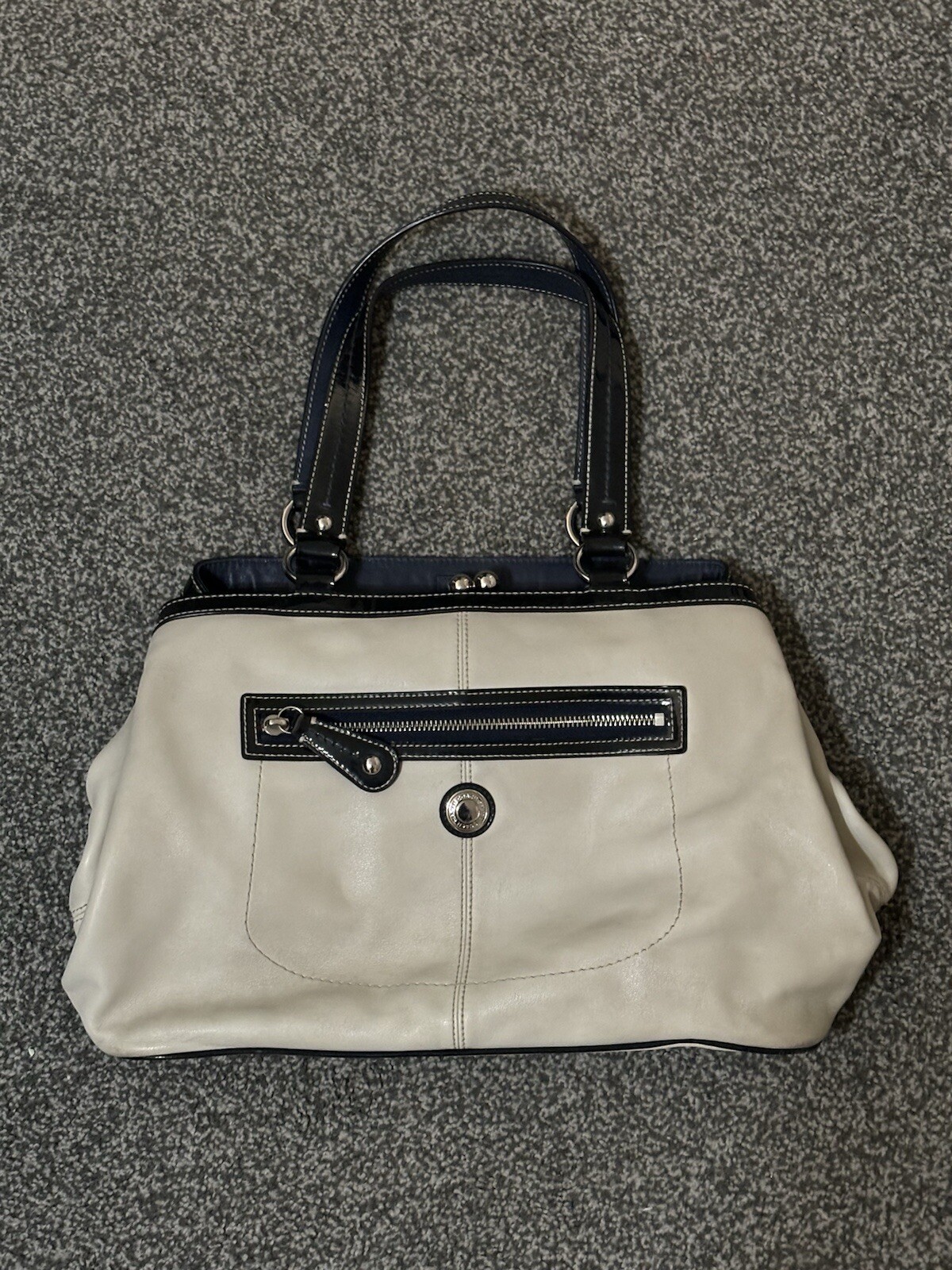 Coach Ivory Leather Kiss Lock 3 Section Satchel Navy … - Gem