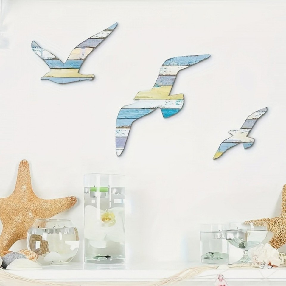 3 Pcs Wooden Seagull Plaque Beach Theme Wall Decor Room House | eBay ...