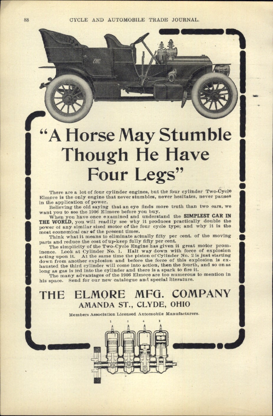 1906 PAPER AD CAR AUTO Elmore Mfg 2 Cycle 4 Cylinder Engine Clyde OH | eBay