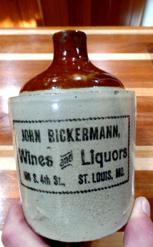 ANTIQUE JOHN RICKERMANN QUART WHISKEY ADVERTISING STONEWARE JUG ST ...