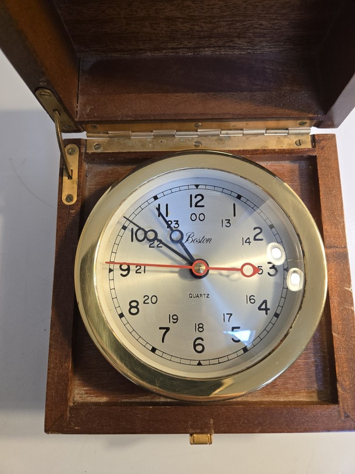 Vintage Brass Boston Ship Clock in Mahogany Wood Box Working | eBay