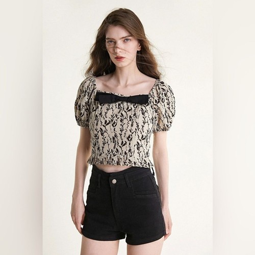 J.ING Beige Leaf Print Puff Sleeve Bow Detail Blouse Crop Top NWT Women ...