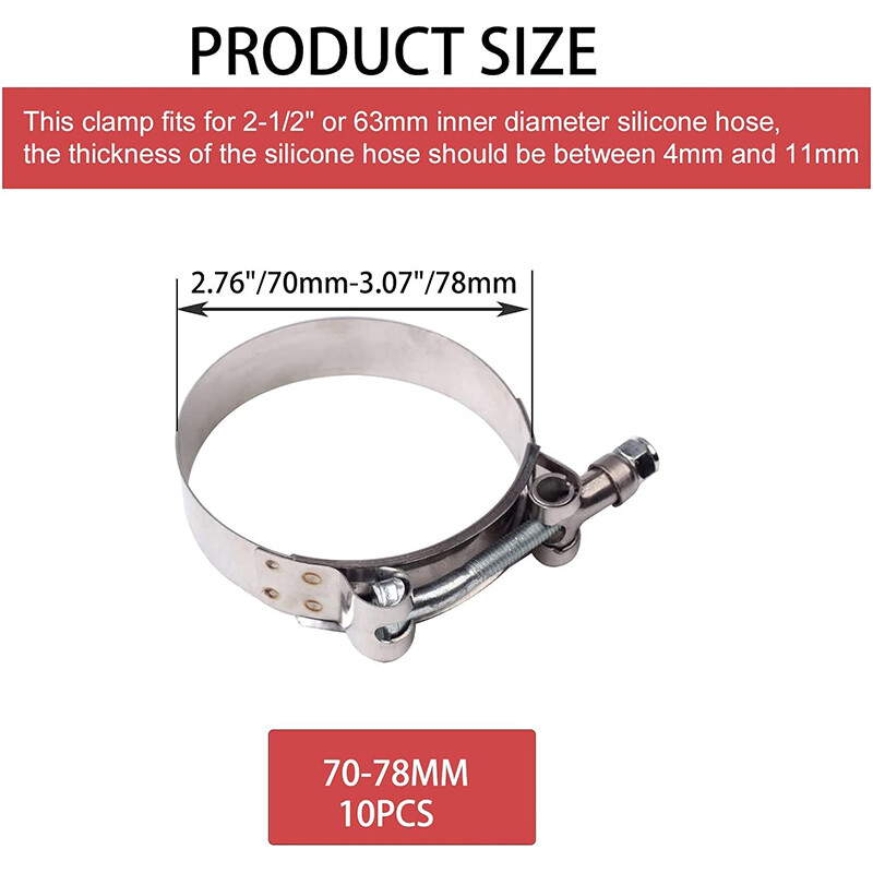 10 x 2.5" Stainless Steel T Bolt Clamp Turbo Intake For 70 - 78mm Hose ...