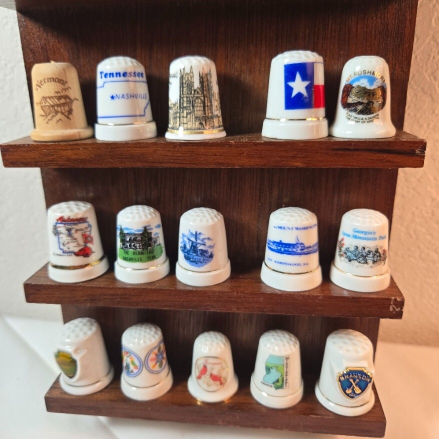 Vintage Wooden Thimble Display Rack w/ 25 Assorted Thimbles – Porcelain ...