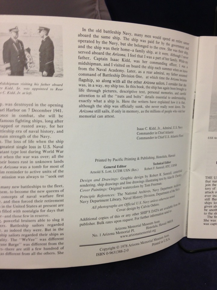 USS Arizona Ship's Data edited by Arnold S. Lott (1978) VG PB 211217 ...