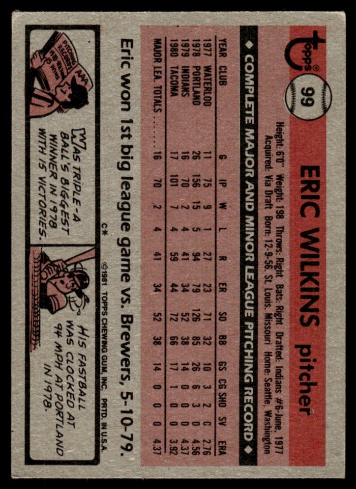 1981 Topps Eric Wilkins Cleveland Indians #99 | eBay