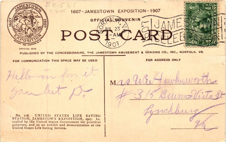 United State Life Saving Station Jamestown Expo 1907 Postcard Posted ...