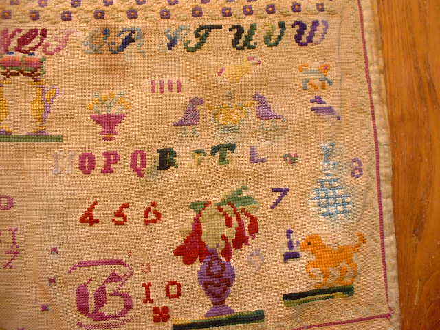 Wonderful 19ThC Needlepoint Sampler Dated 1877 W/Dog Birds Flowers Cat ...
