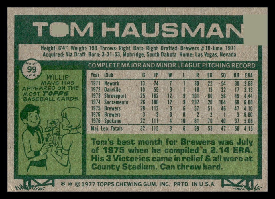 1977 Topps Tom Hausman #99 Milwaukee Brewers Baseball Card READ | eBay