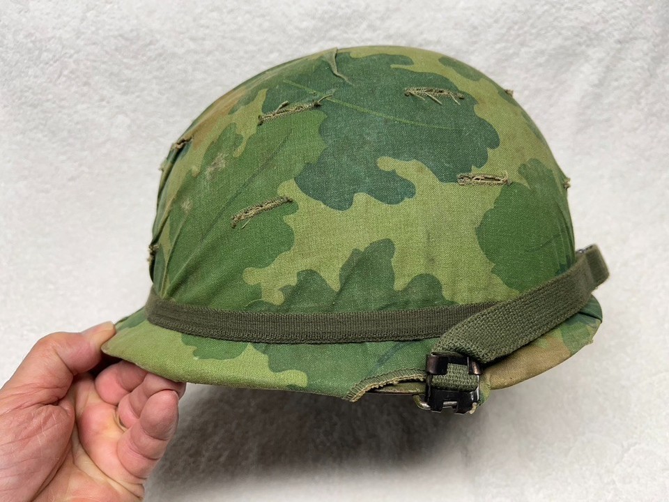 Original Vietnam Era GI Helmet with Liner, Chin Strap, and Mitchel Camo ...