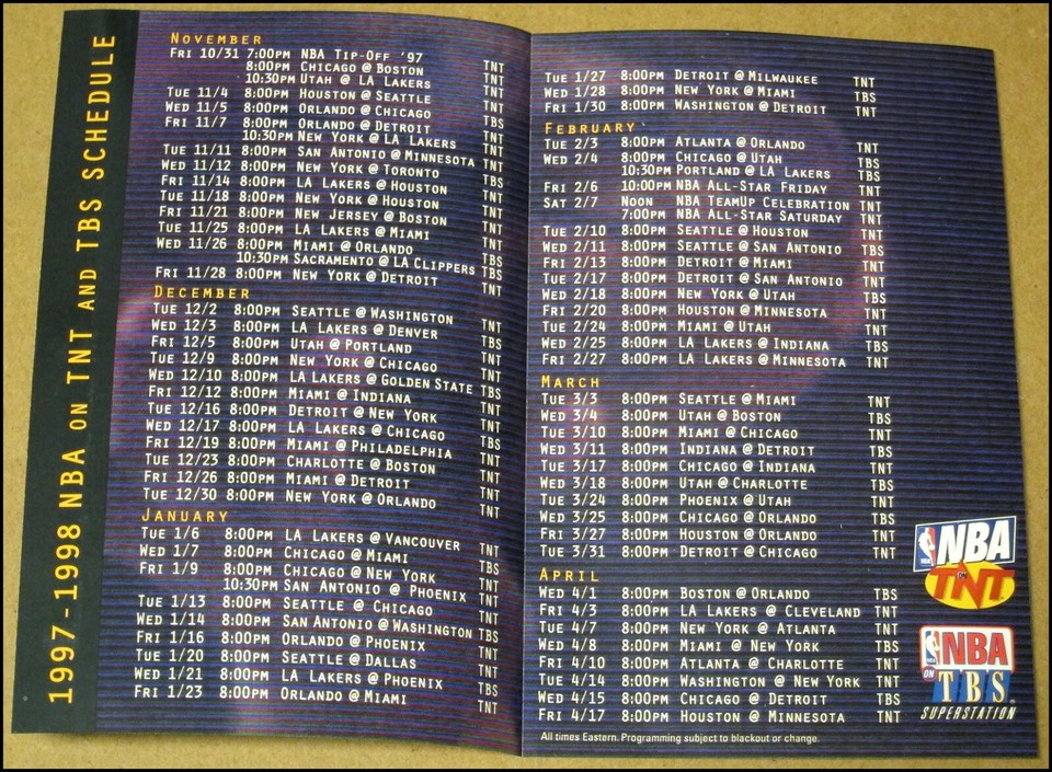 1997-98 NBA on TNT & TBS Basketball Schedule Grant Hill Detroit Pistons ...