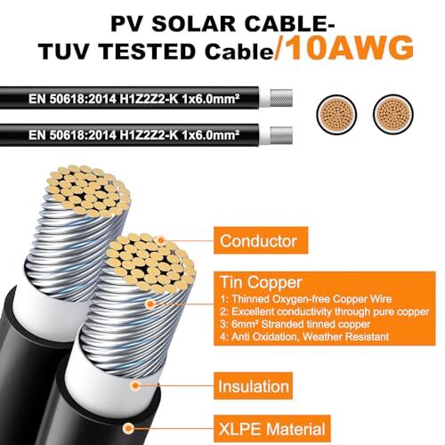 Solar Panel Extension Wire, H1Z2Z2-K Tinned Copper PV Wire, 164FT 10AWG ...
