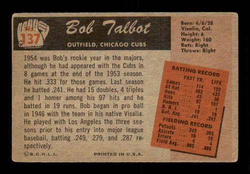 1955 Bowman #137 Bob Talbot VG/VGEX X2647525 | eBay