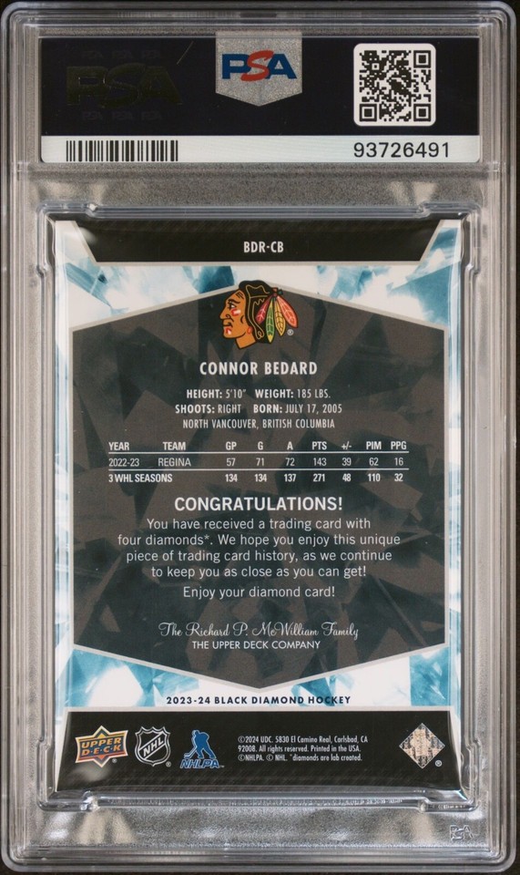 2023 UPPER DECK RARE Connor Bedard BLACK DIAMOND Rookie QUAD-EMERALD ...
