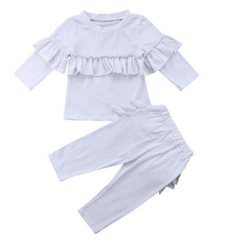 Cute Baby Girls Autumn Solid Long Sleeve Ruffle Tops Trousers Casual ...