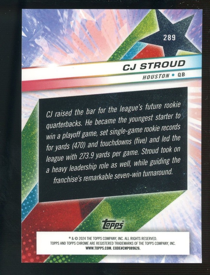2024 Topps Cosmic Chrome Pink Starfractor #289 CJ Stroud Texans 1/1 | eBay