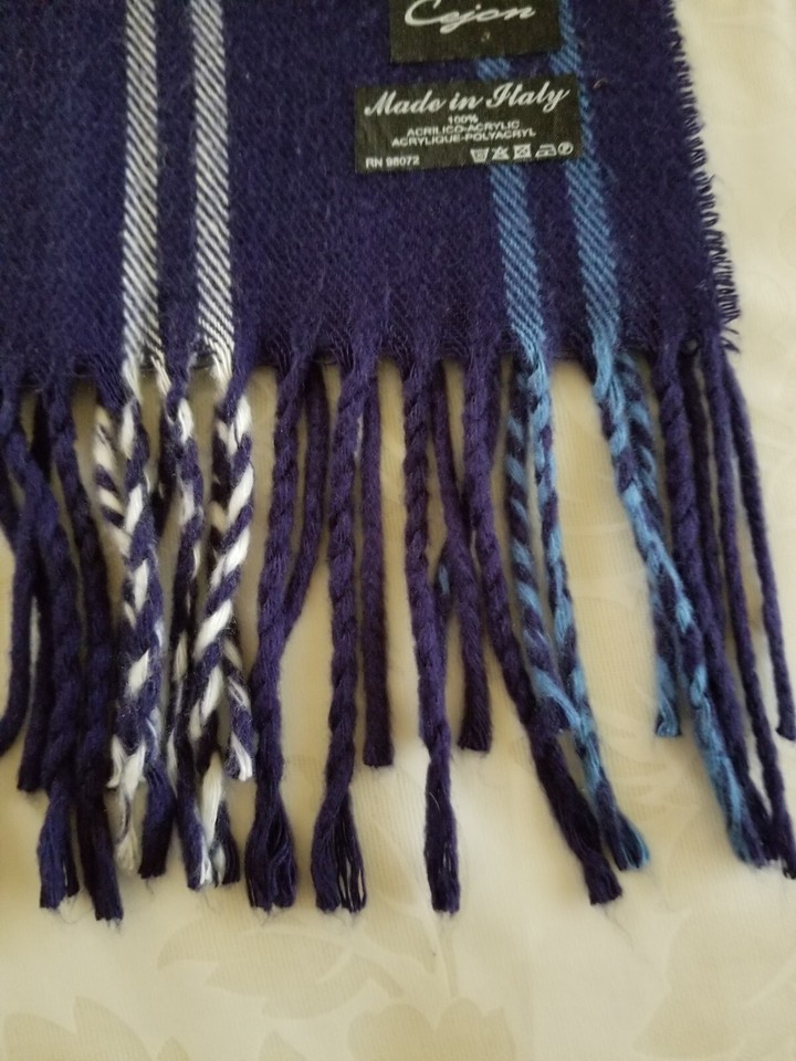 Cejon Scarf Italy Colorful Blues White Plaid With Fringe Soft NWOT 11 x ...