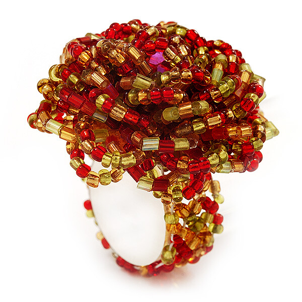 Large Multicoloured Glass Bead Flower Stretch Ring (Red & Olive) | eBay