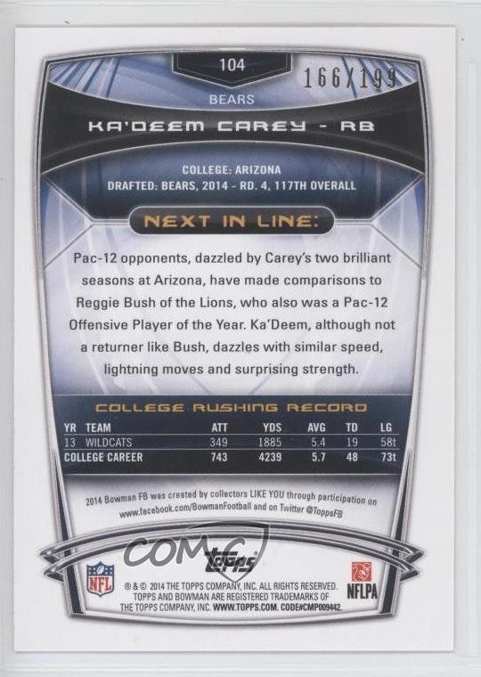 2014 Bowman Rookies Red /199 Ka'Deem Carey #104 RC | eBay