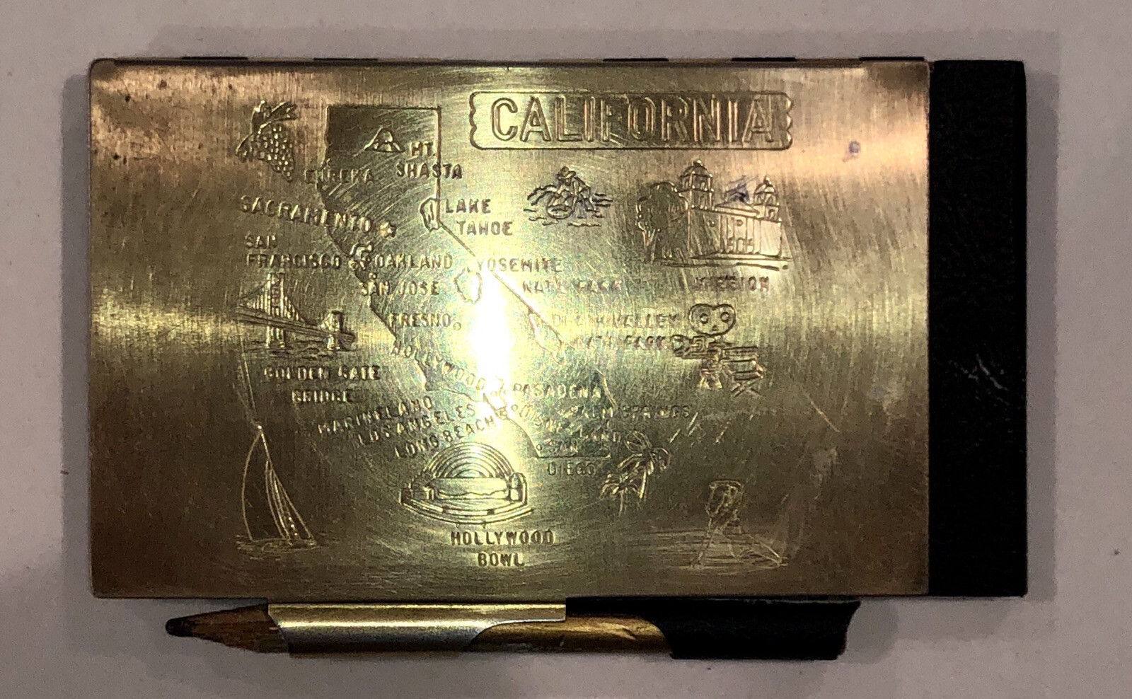 California brass-plated metal notepad w/pen holder VNTG. - FREE SHIP | eBay