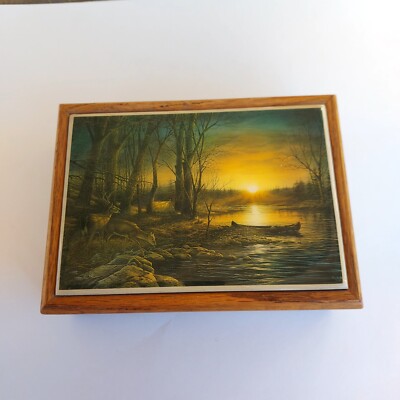 Trinket Jewelry Wooden Box Terry Redlin Canoe Deer Scene | eBay