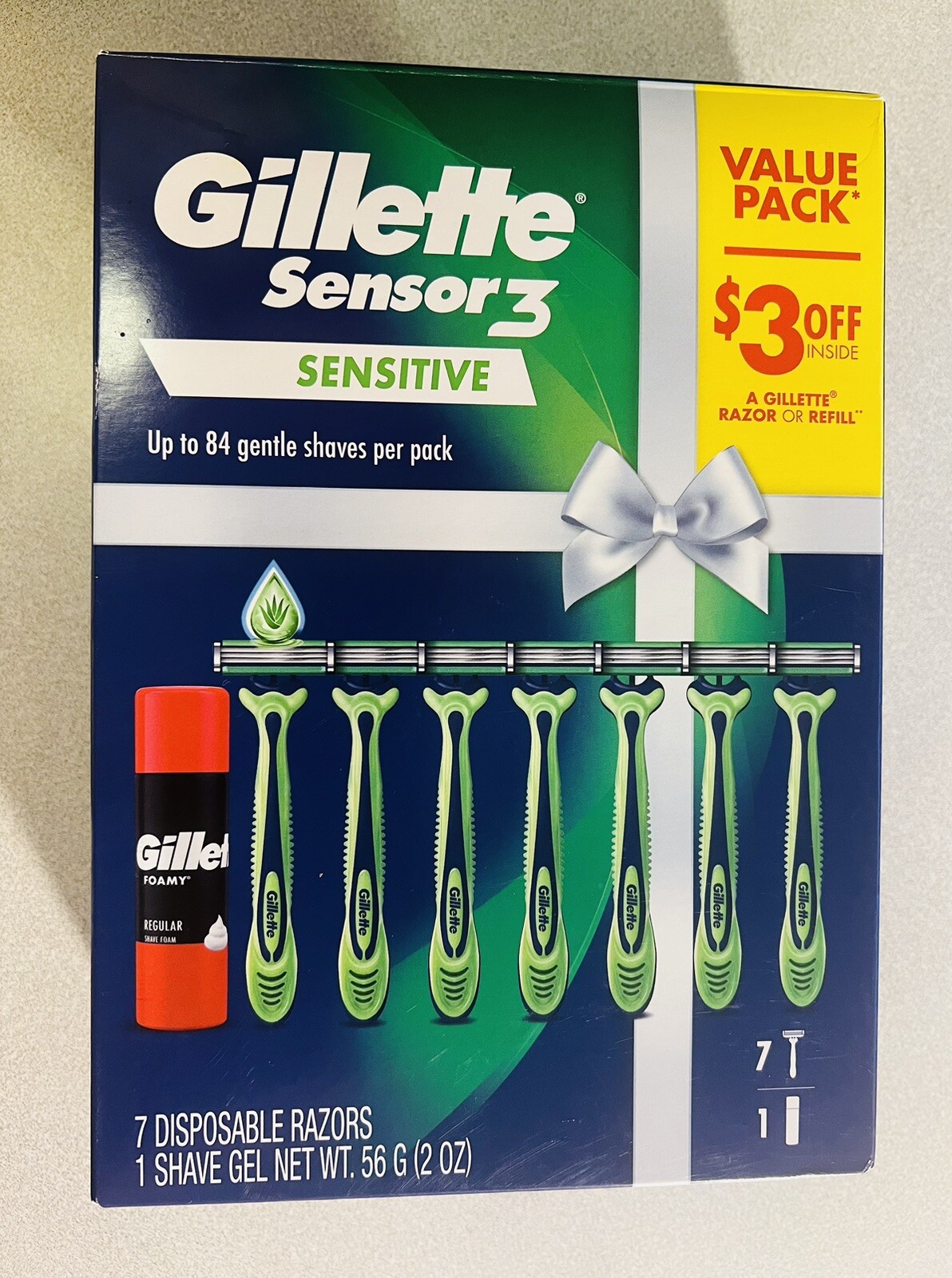 GILLETTE Sensor 3 Sensitive Gift Pack 7 Disposable 3 Blade Razors ...