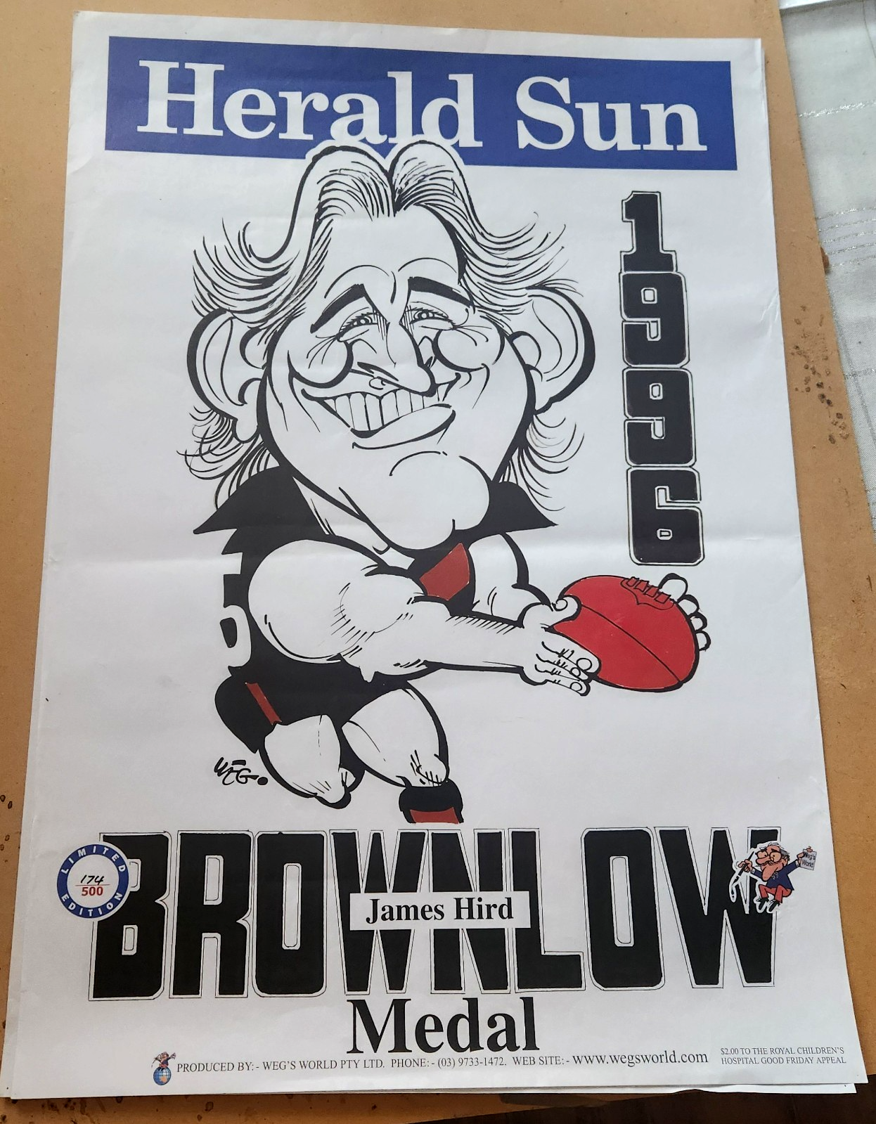 HERALD-SUN WEG POSTER 1996. JAMES HIRD BROWNLOW MEDAL. 174/500. | eBay ...